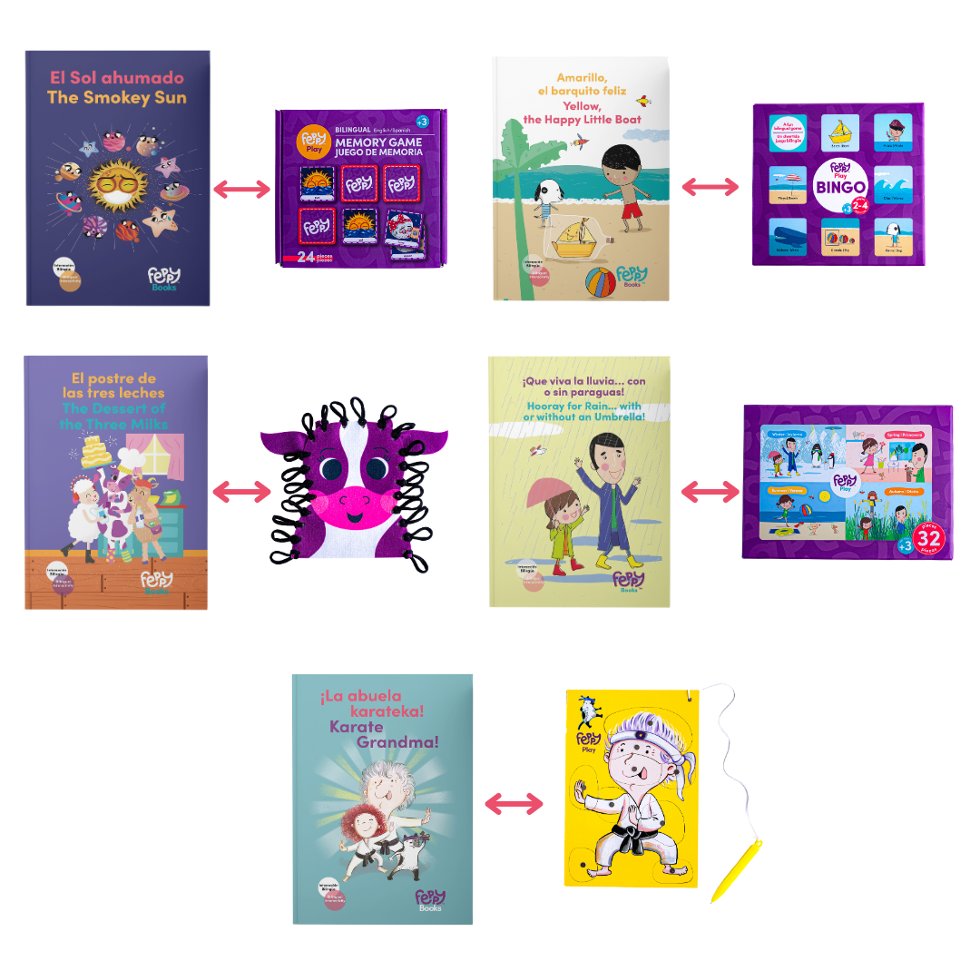 Play & Learn Set - 5 Bilingual Books + 5 Games Spanish/English Set - Feppy